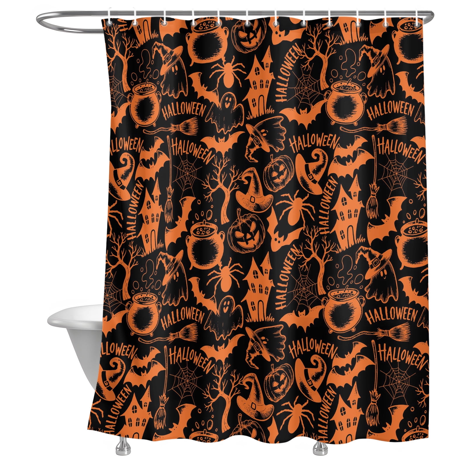 Bathroom Shower Curtain Horror Halloween Pumpkin Ghost Spiders ...
