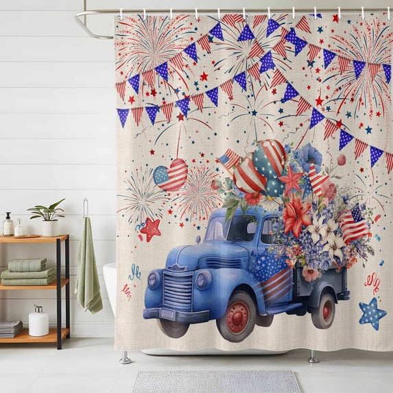 Bathroom Shower Curtain Independence Day Blue Truck Flower Waterproof ...