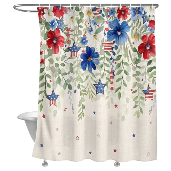 Bathroom Shower Curtain Independence Day Red Flowers Leaves Stars ...