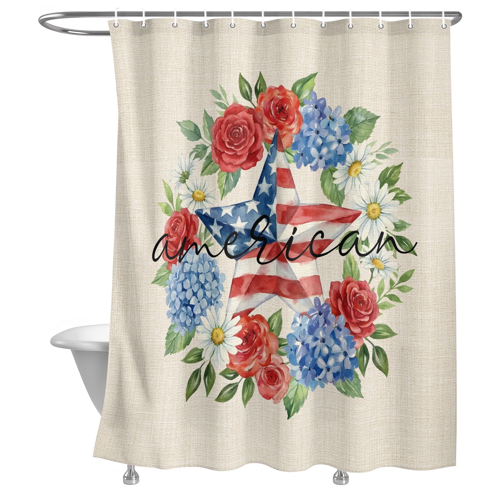 Bathroom Shower Curtain Independence Day Star USA Flag Flower ...
