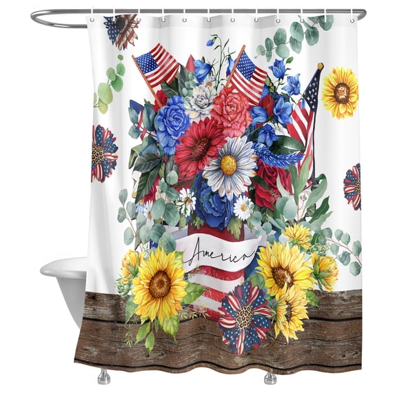 Bathroom Shower Curtain Independence Day Sunflower USA Flag Waterproof ...