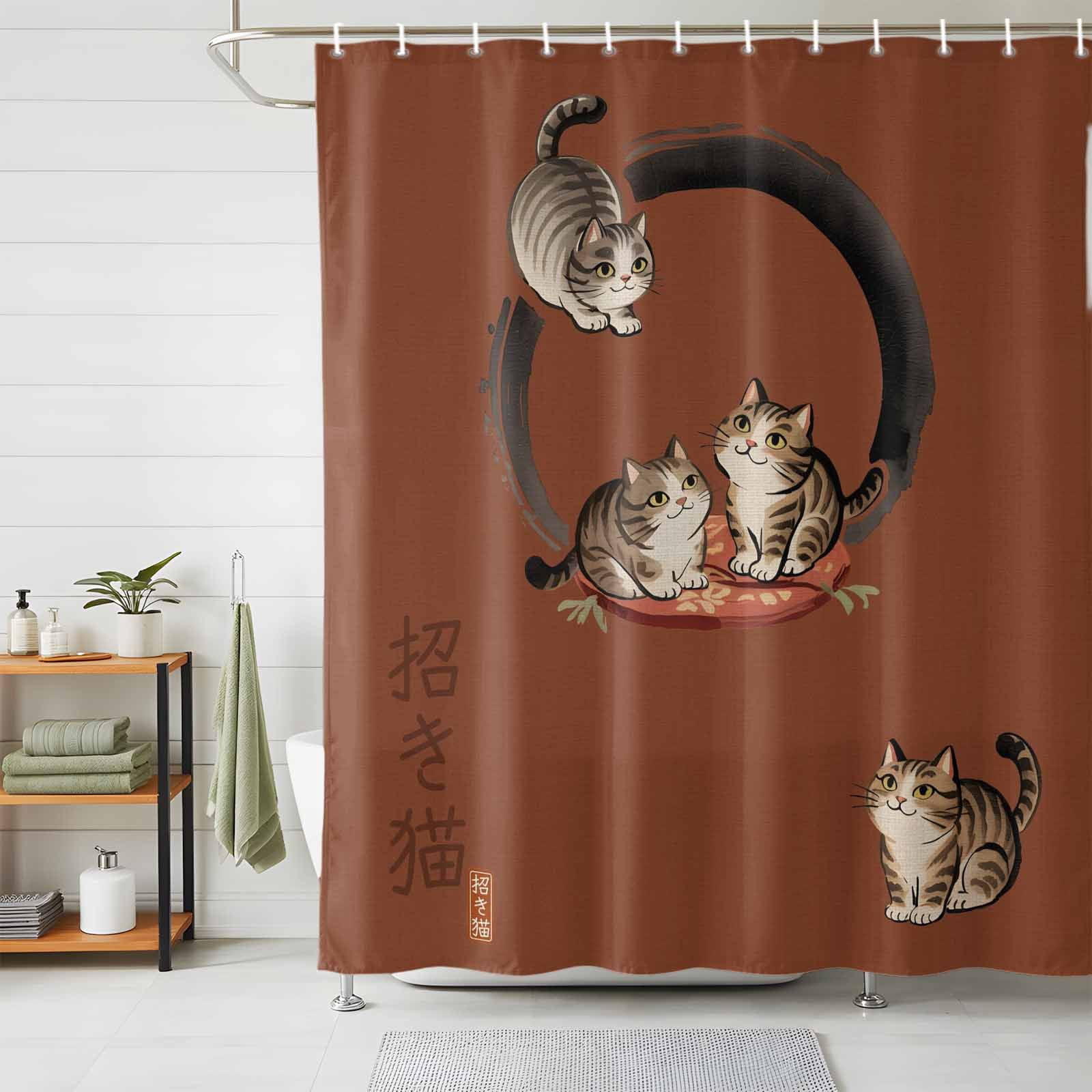 Bathroom Shower Curtain Japanese Style Cute Lucky Cat Waterproof Shower ...