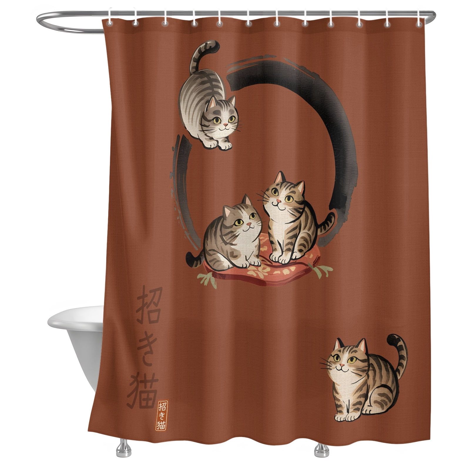 Bathroom Shower Curtain Japanese Style Cute Lucky Cat Waterproof Shower ...