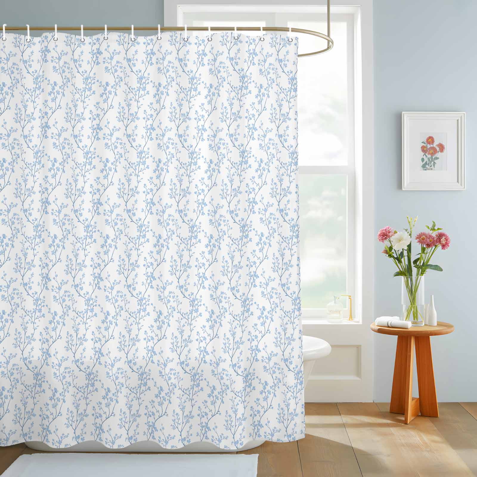Bathroom Shower Curtain Light Blue Branch Flowers Texture Waterproof ...