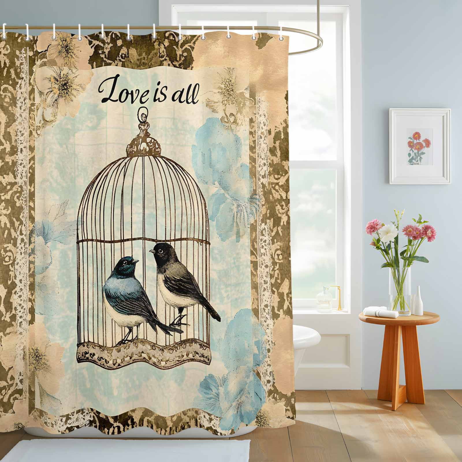 Bathroom Shower Curtain Love Is All Words Retro Birds Waterproof Shower ...