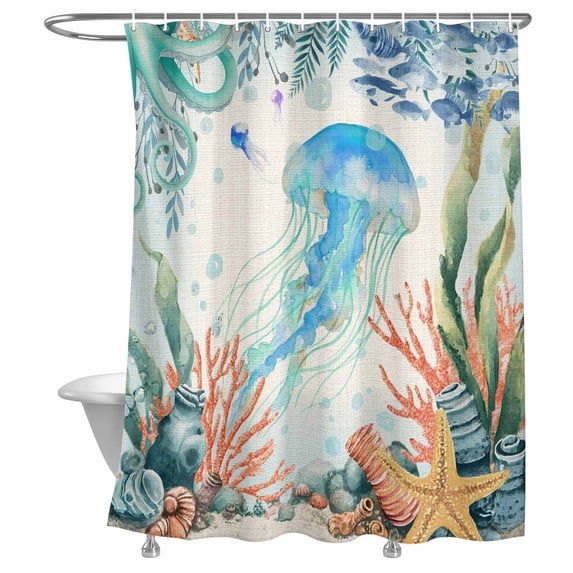 Bathroom Shower Curtain Marine Life Jellyfish Starfish Coral Waterproof ...