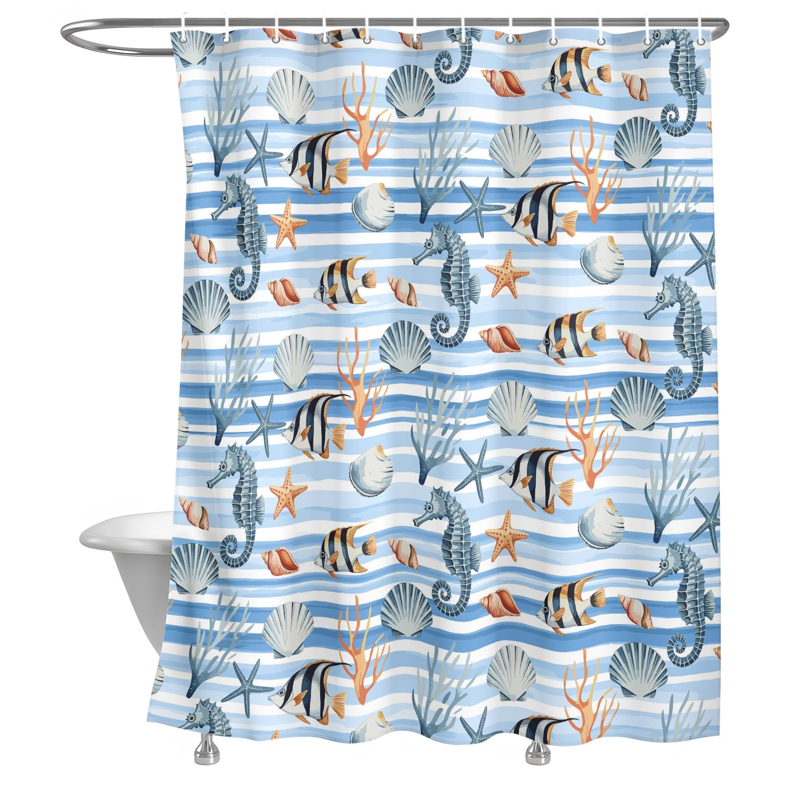 Bathroom Shower Curtain Marine Life Seahorses Tropical Fish Waterproof ...