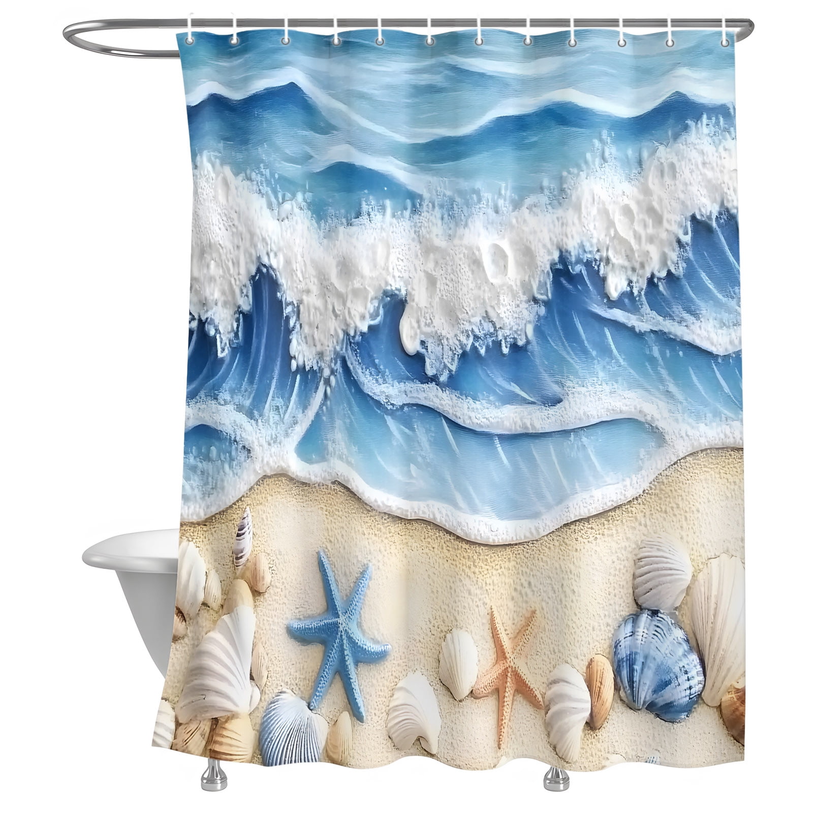 Bathroom Shower Curtain Marine Life Starfish Shell Beach Waterproof ...