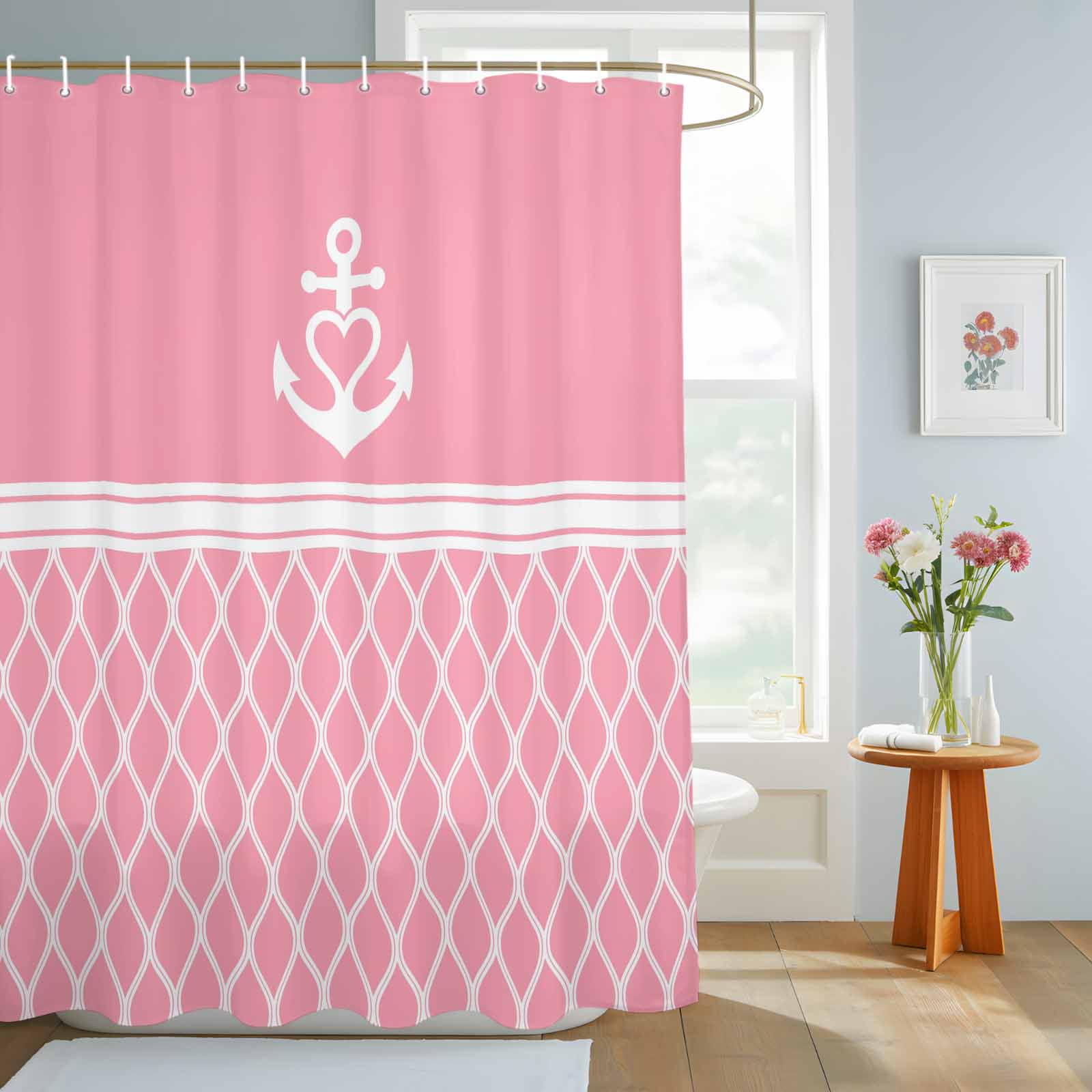 Bathroom Shower Curtain Marine Pink Anchor Waterproof Shower Curtains ...
