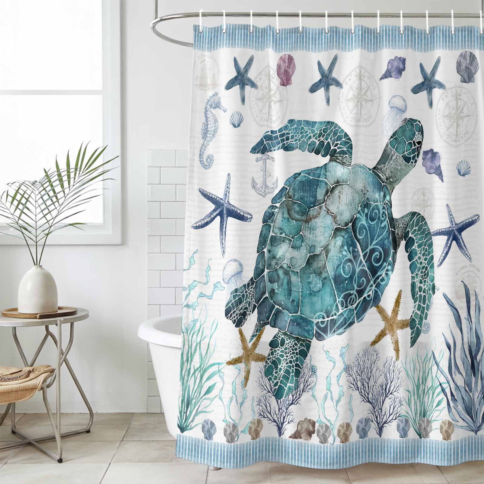 Bathroom Shower Curtain Marine Sea Turtle Starfish Shell Waterproof ...