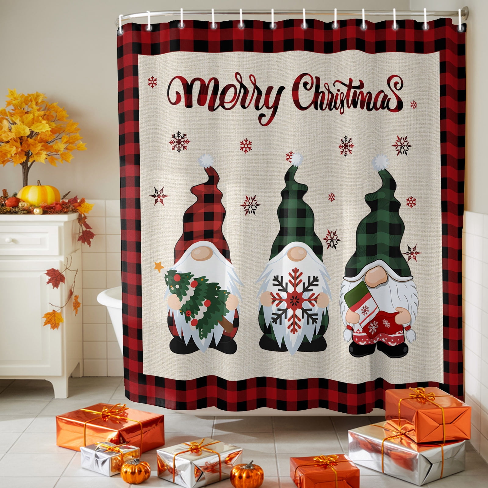 Bathroom Shower Curtain Merry Christmas Gnome Snowflake on Vintage ...