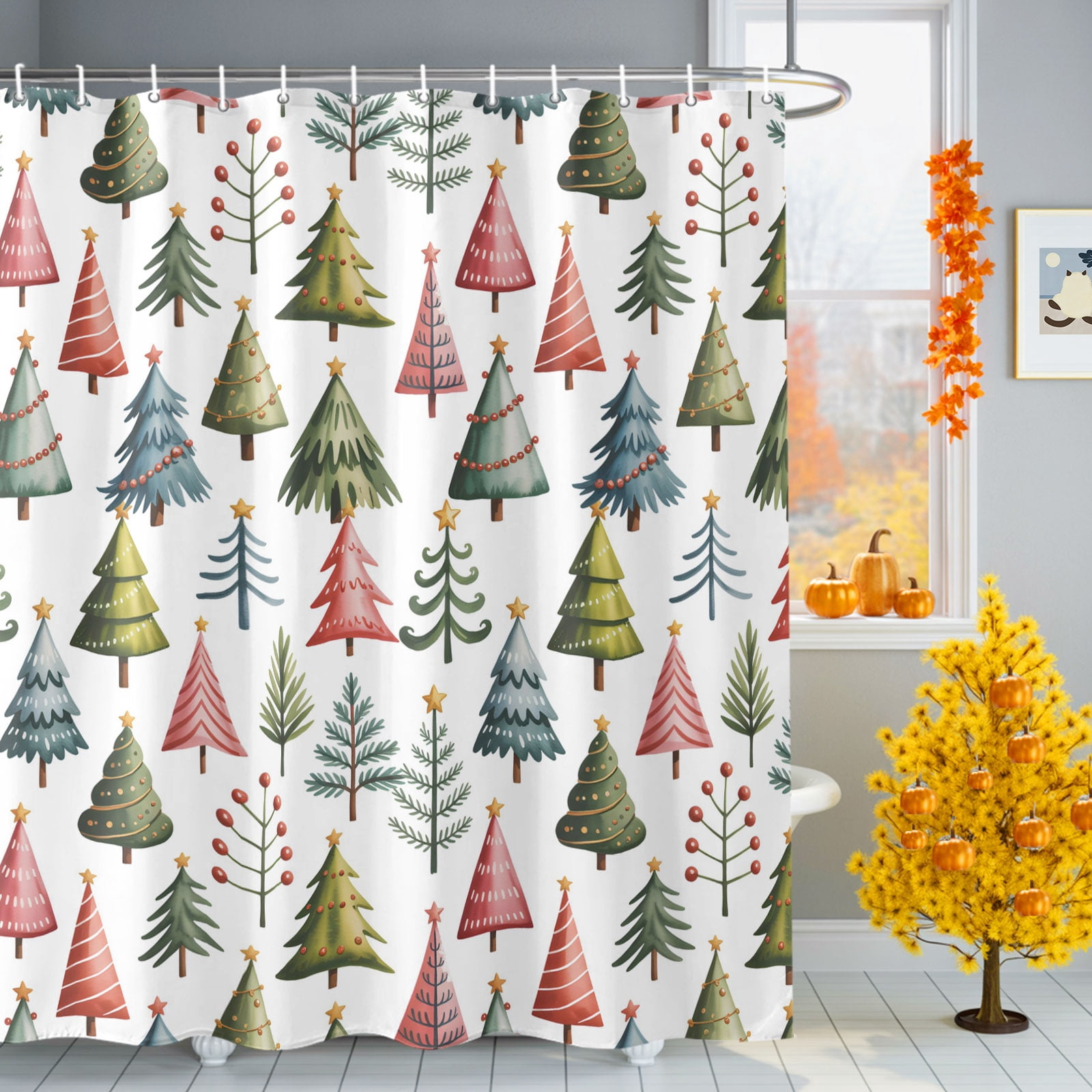 Bathroom Shower Curtain Merry Christmas Tree Cartoon Style Waterproof ...