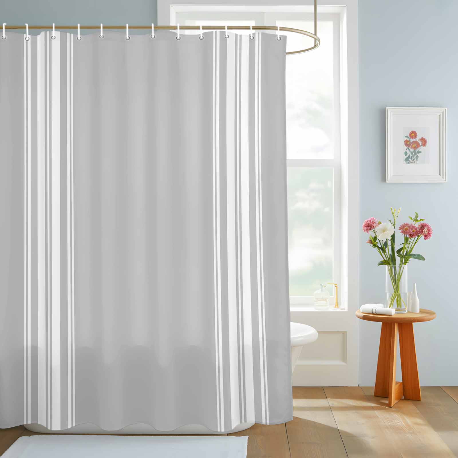 Bathroom Shower Curtain Minimalist White Stripe on Gray Waterproof ...