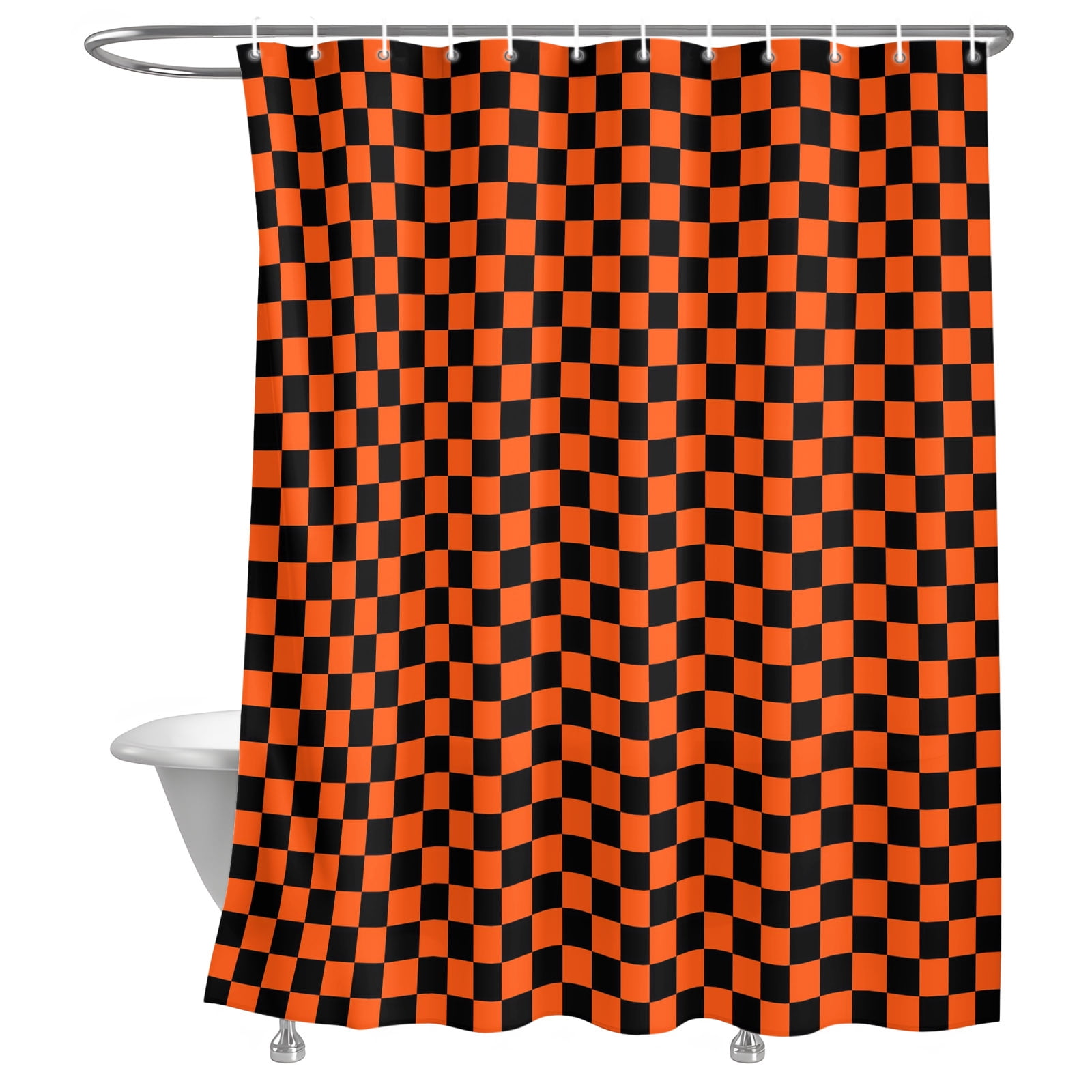 Bathroom Shower Curtain Modern Orange Black Buffalo Check Waterproof ...