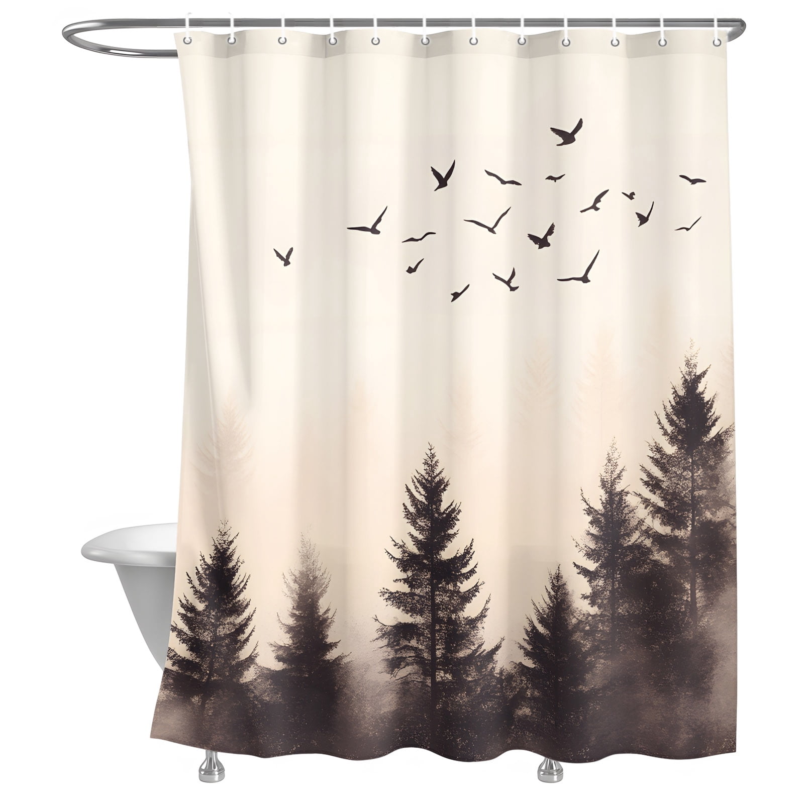 Bathroom Shower Curtain Monochrome Tree Bird Waterproof Shower Curtains ...