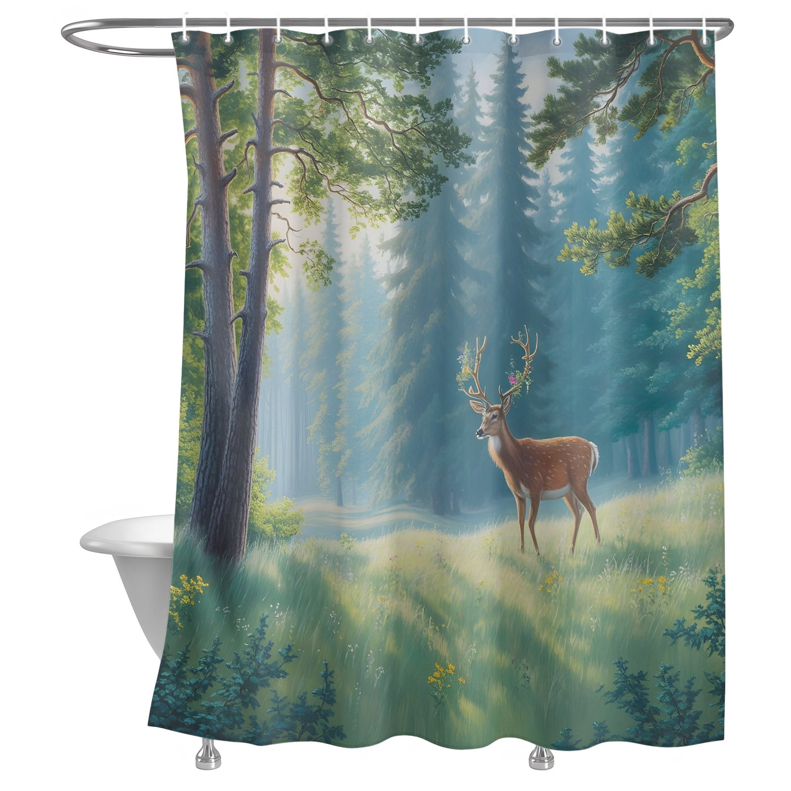 Bathroom Shower Curtain Natural Forest Trees Wild Elk Waterproof Shower ...
