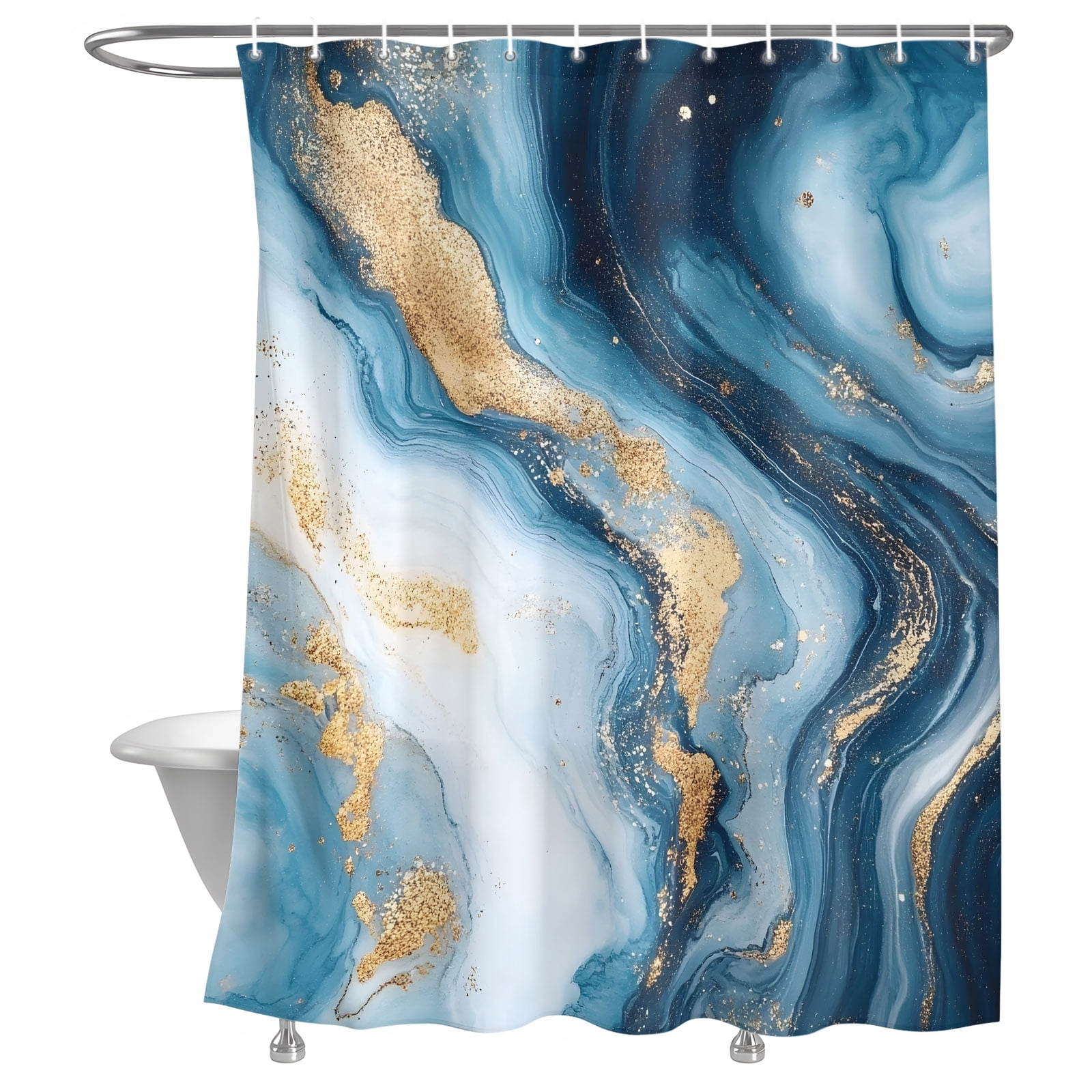 Bathroom Shower Curtain Natural Marble Blue Gold Stripe Waterproof ...