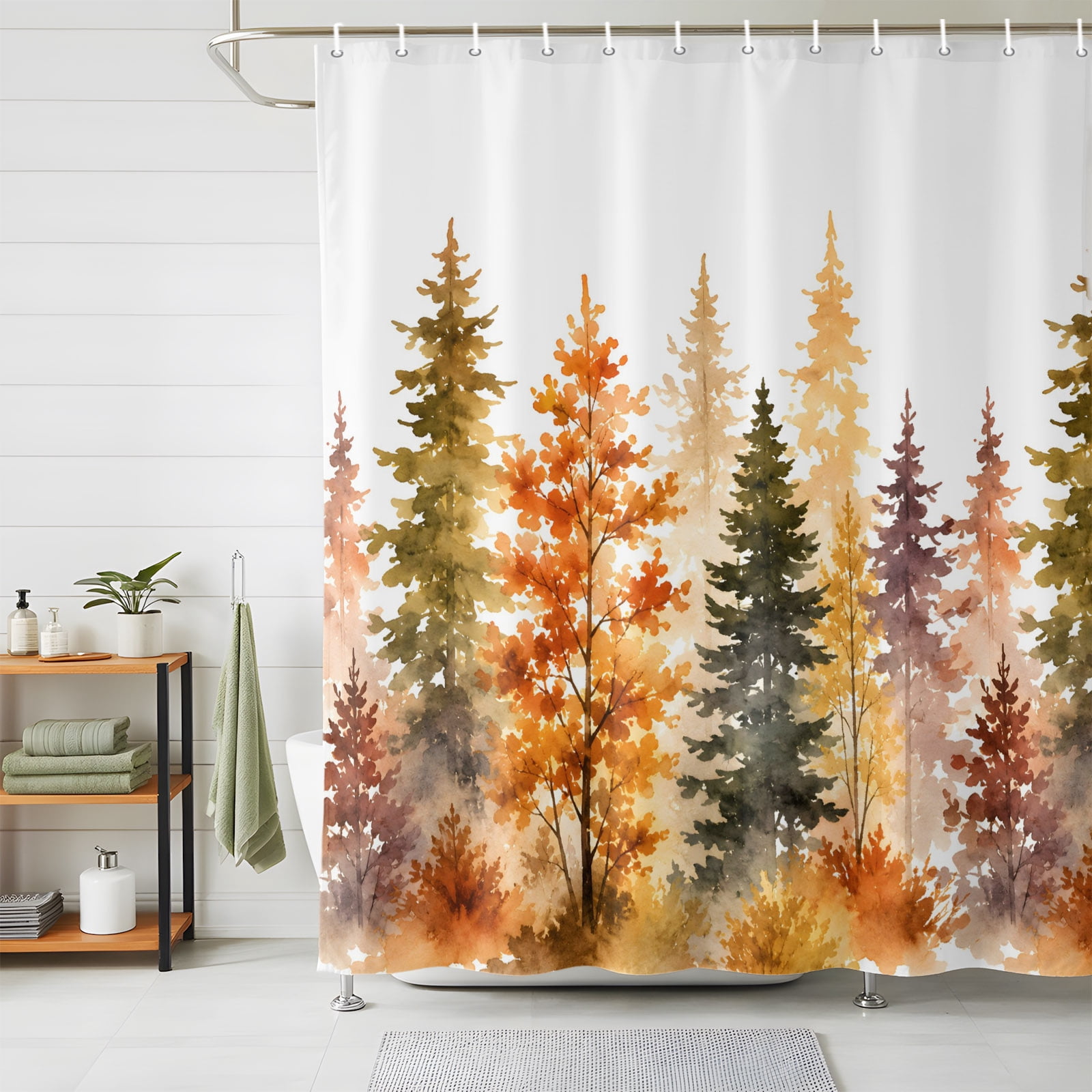 Bathroom Shower Curtain Nature Watercolor Autumn Forest Waterproof ...