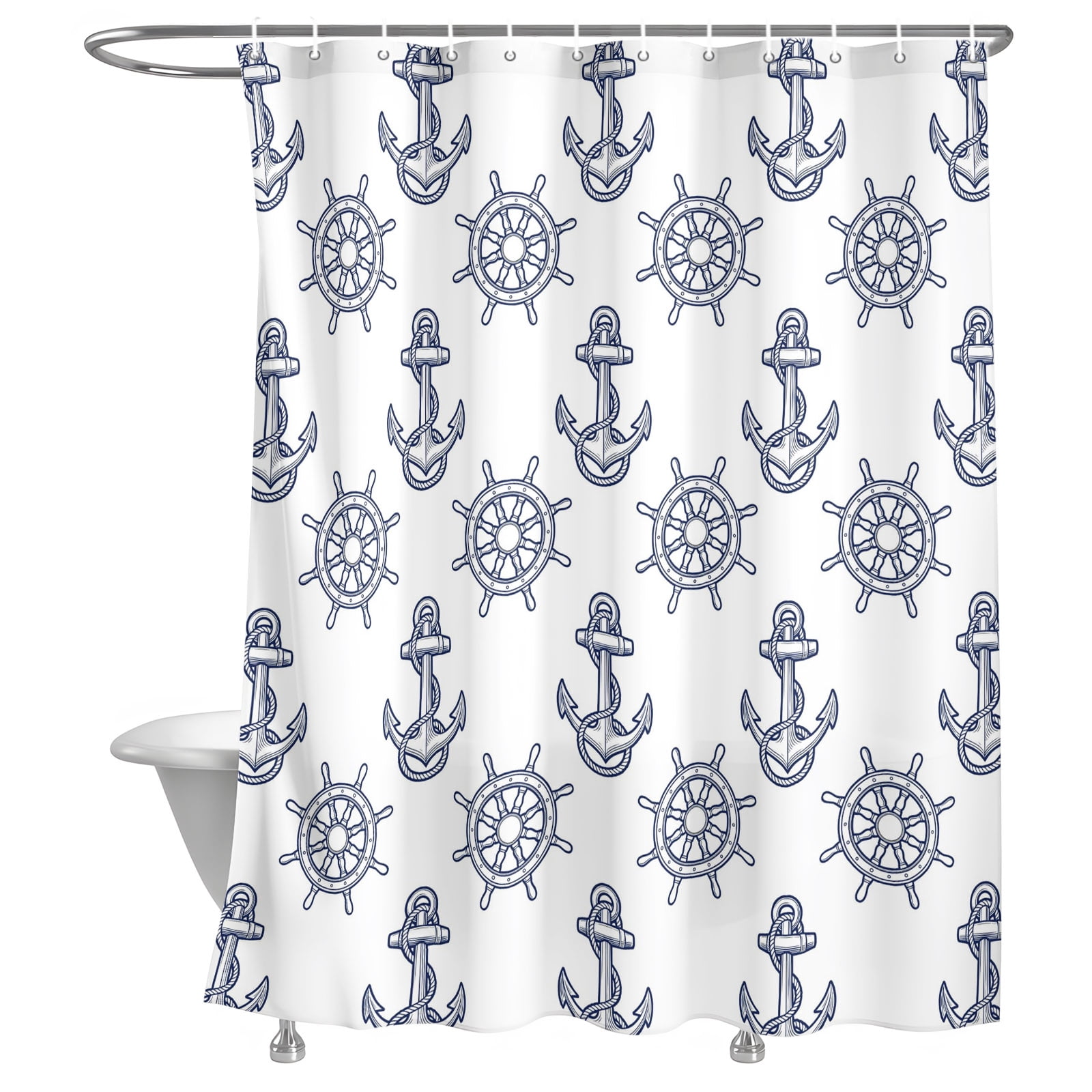 Bathroom Shower Curtain Nautical Anchor Ship Rudder Waterproof Shower ...