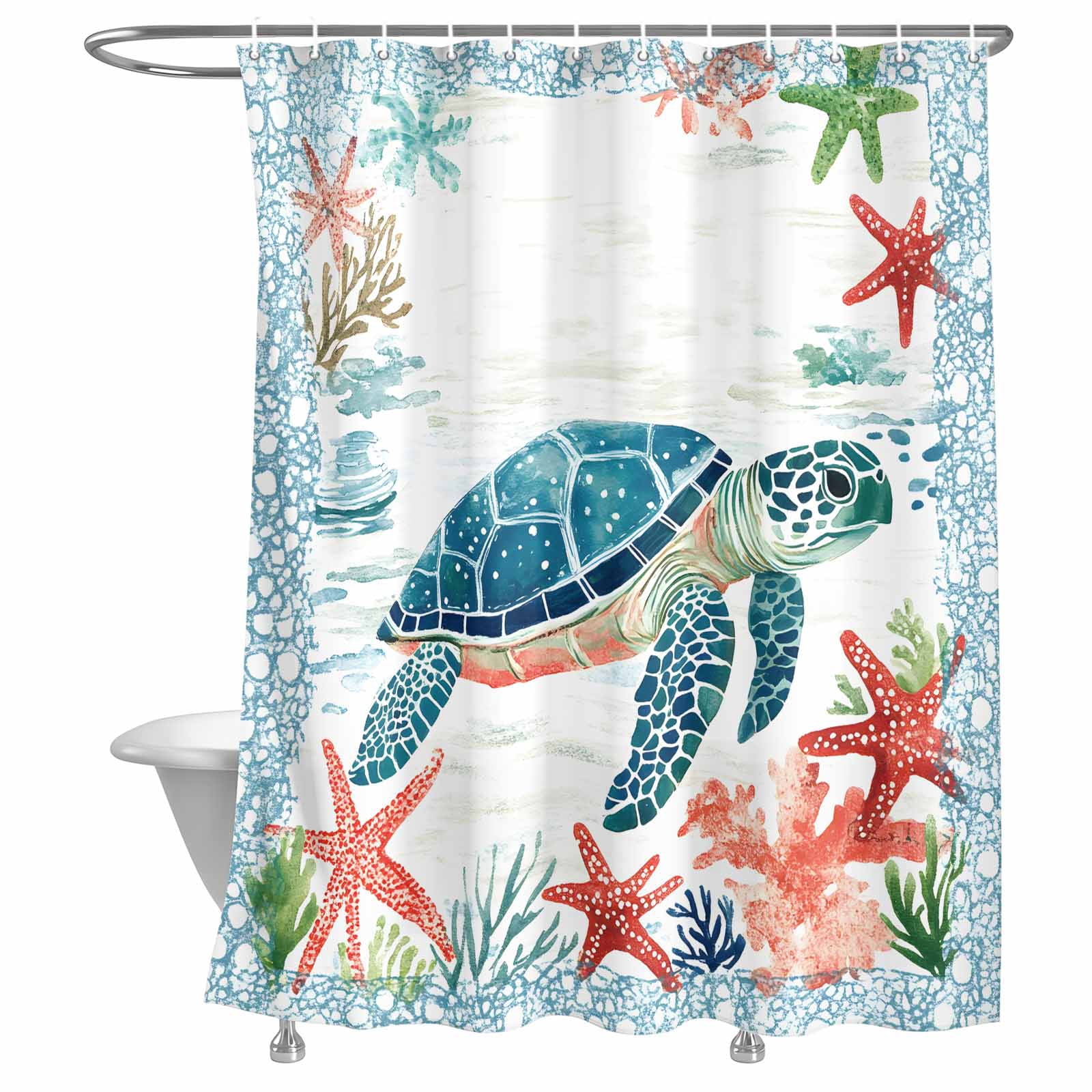 Bathroom Shower Curtain Nautical Blue Sea Turtle Starfish Waterproof ...
