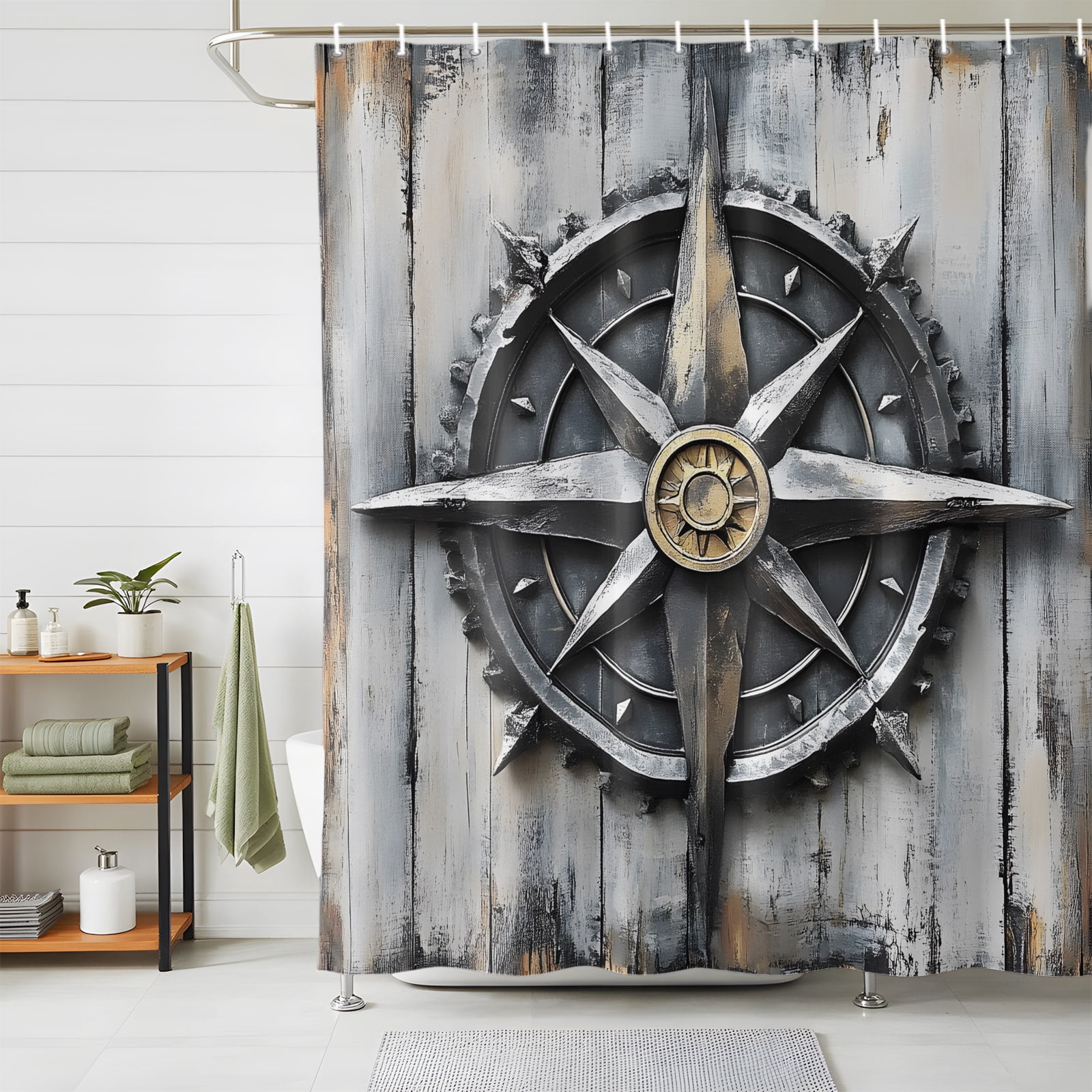 Bathroom Shower Curtain Nautical Compass Wood Board Waterproof Shower ...