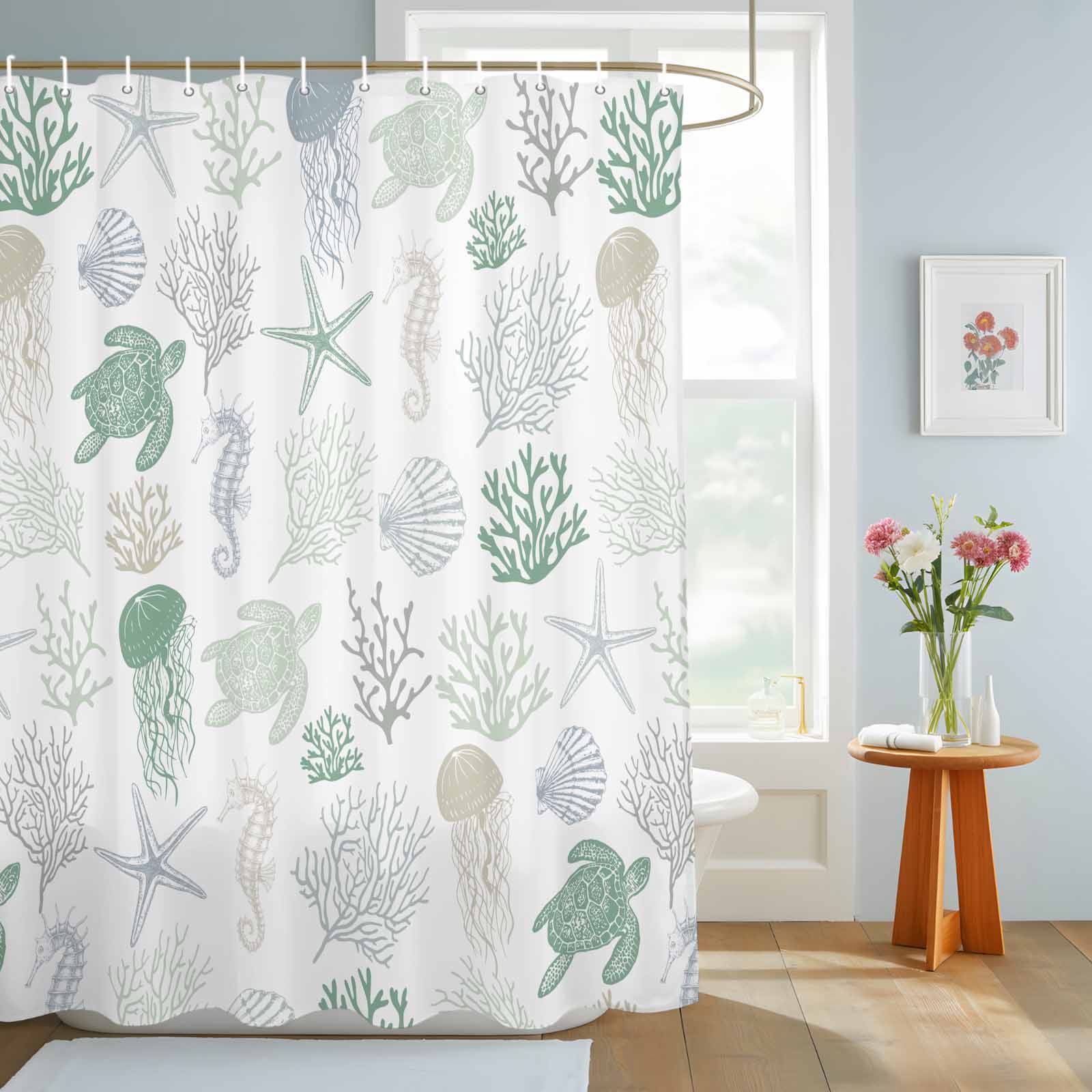 Bathroom Shower Curtain Nautical Coral Sea Turtle Summer Beach ...