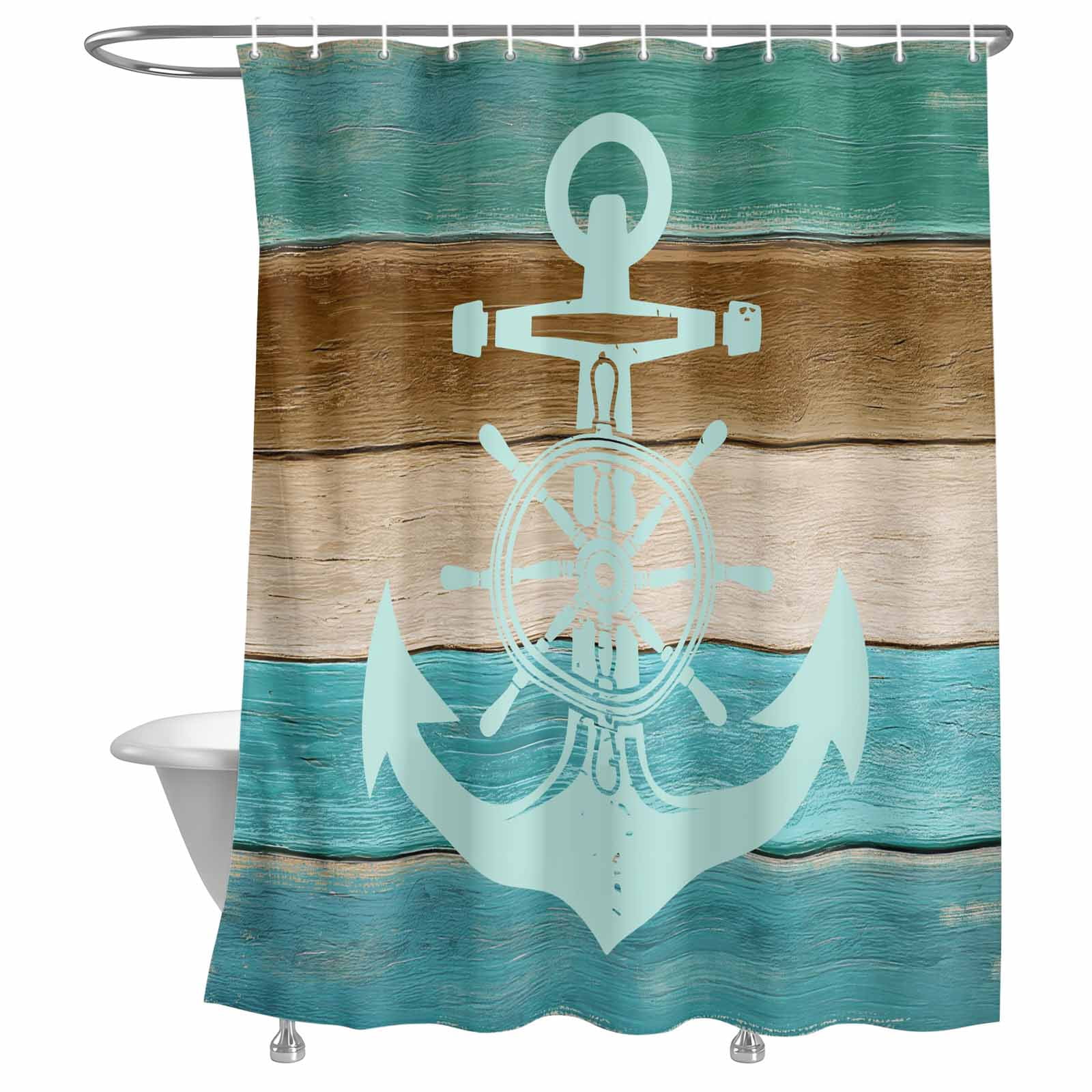 Bathroom Shower Curtain Nautical Marine Turquoise Anchor Waterproof ...