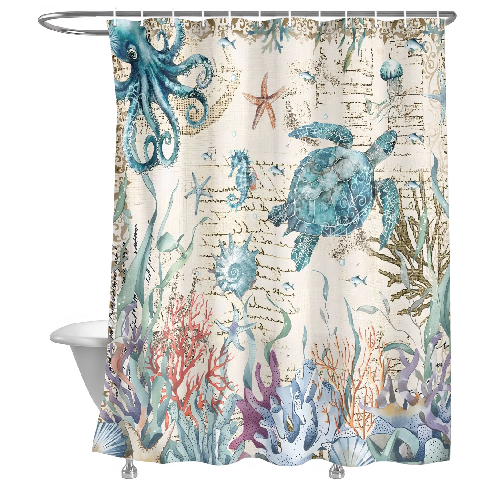 Bathroom Shower Curtain Nautical Sea Turtles Seaweed Waterproof Shower ...