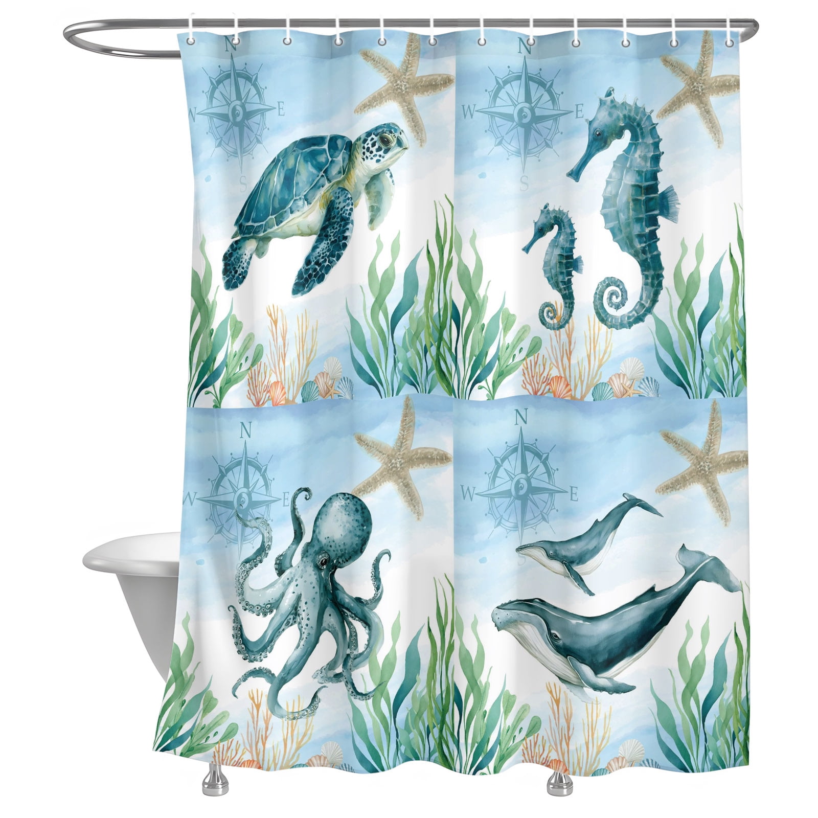 Bathroom Shower Curtain Nautical Turtle Whales Octopus Waterproof ...