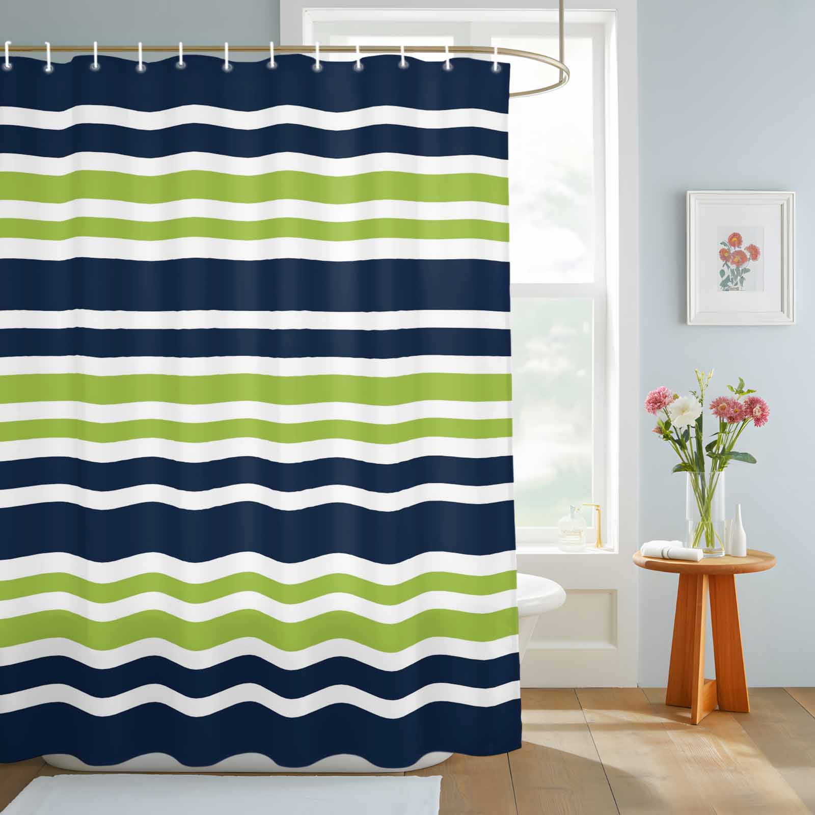 Bathroom Shower Curtain Navy Blue Green Stripe Waterproof Shower ...