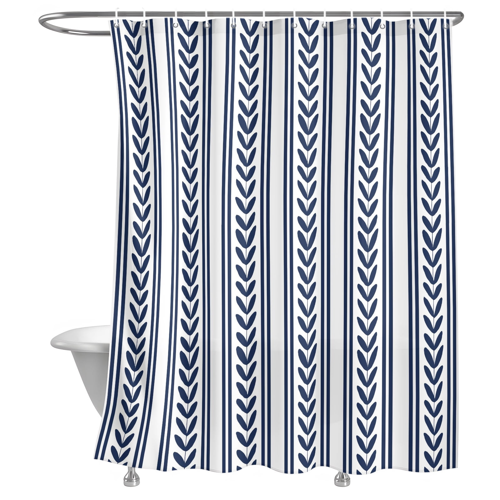Bathroom Shower Curtain Navy Blue Leaves Stripe Texture Waterproof ...