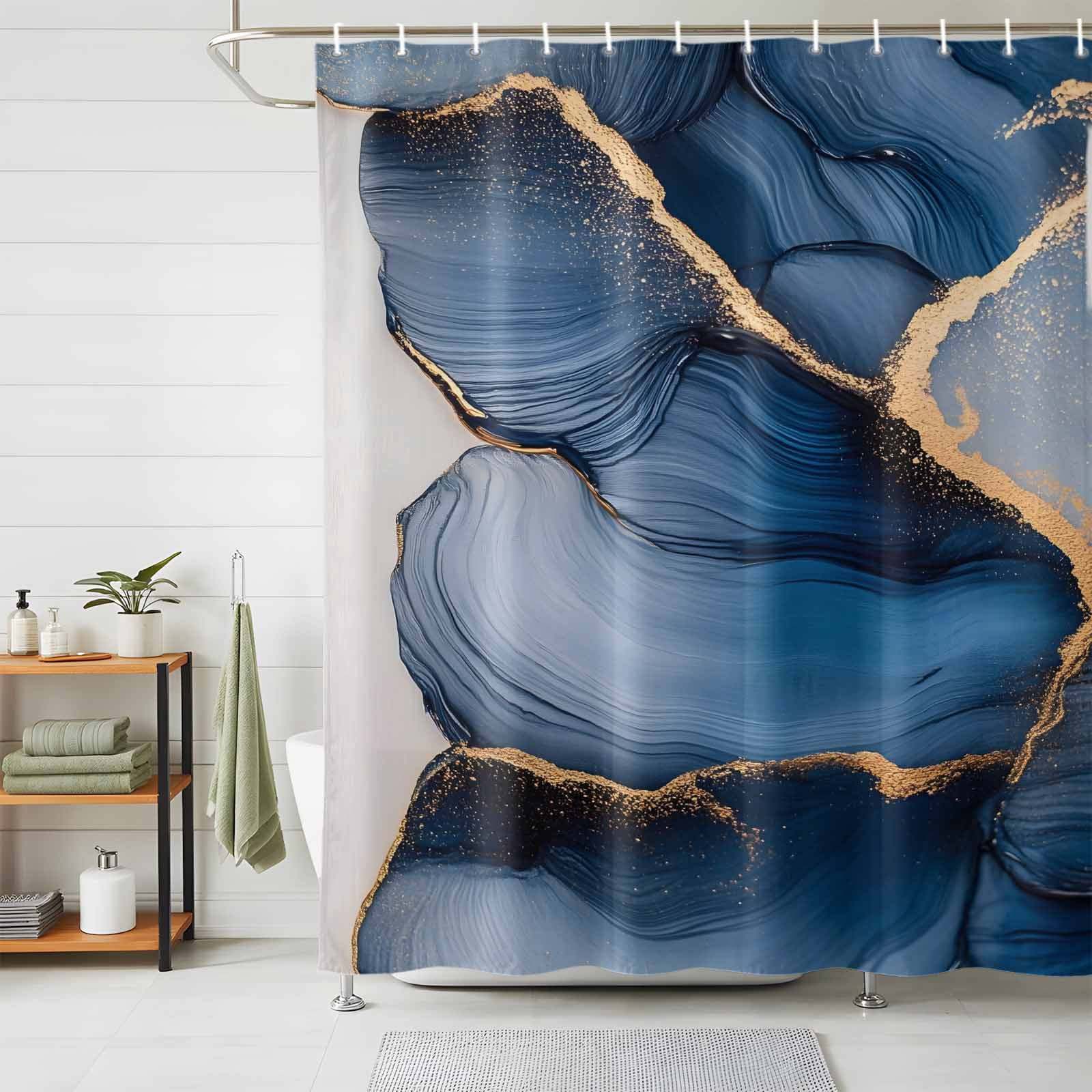 Bathroom Shower Curtain Navy Blue Marble Golden Lines Waterproof Shower ...