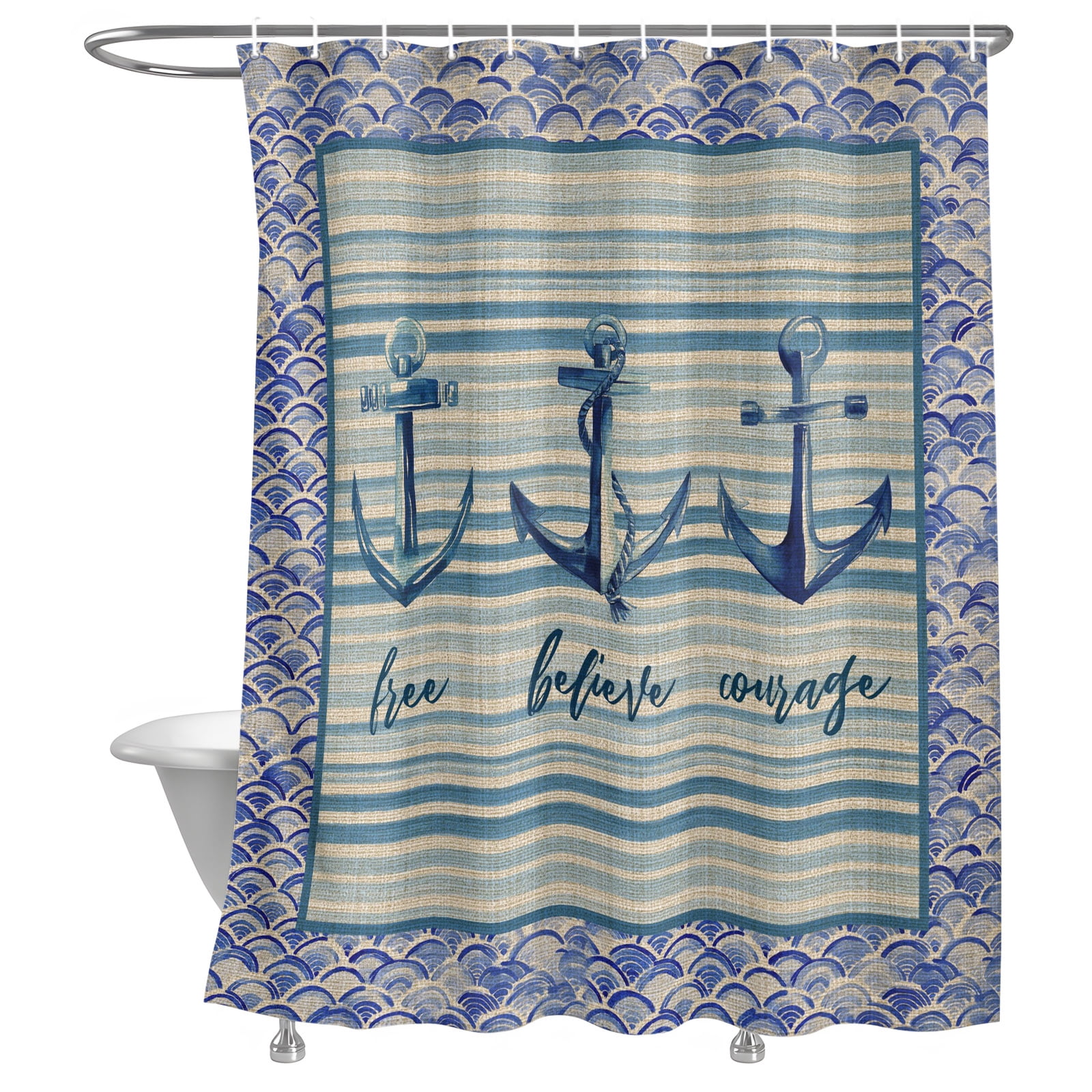Bathroom Shower Curtain Ocean Anchor Stripe Inspired Text Waterproof ...