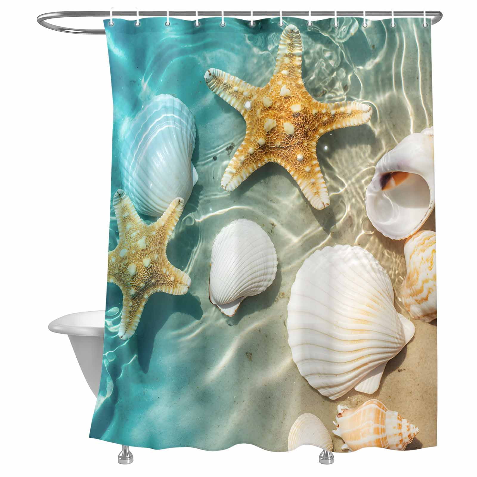 Bathroom Shower Curtain Ocean Beach Seashell Starfish Waterproof Shower ...