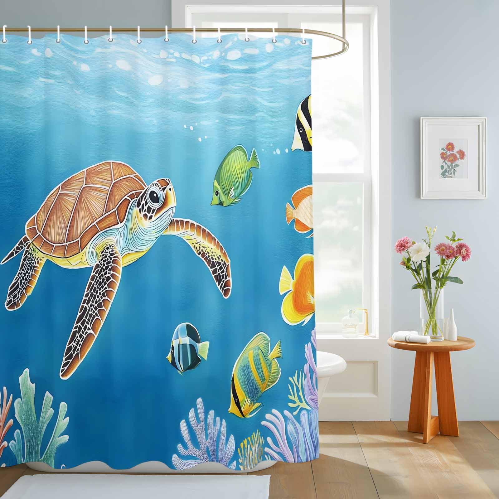 Bathroom Shower Curtain Ocean Cartoon Turtle Waterproof Shower Curtains ...