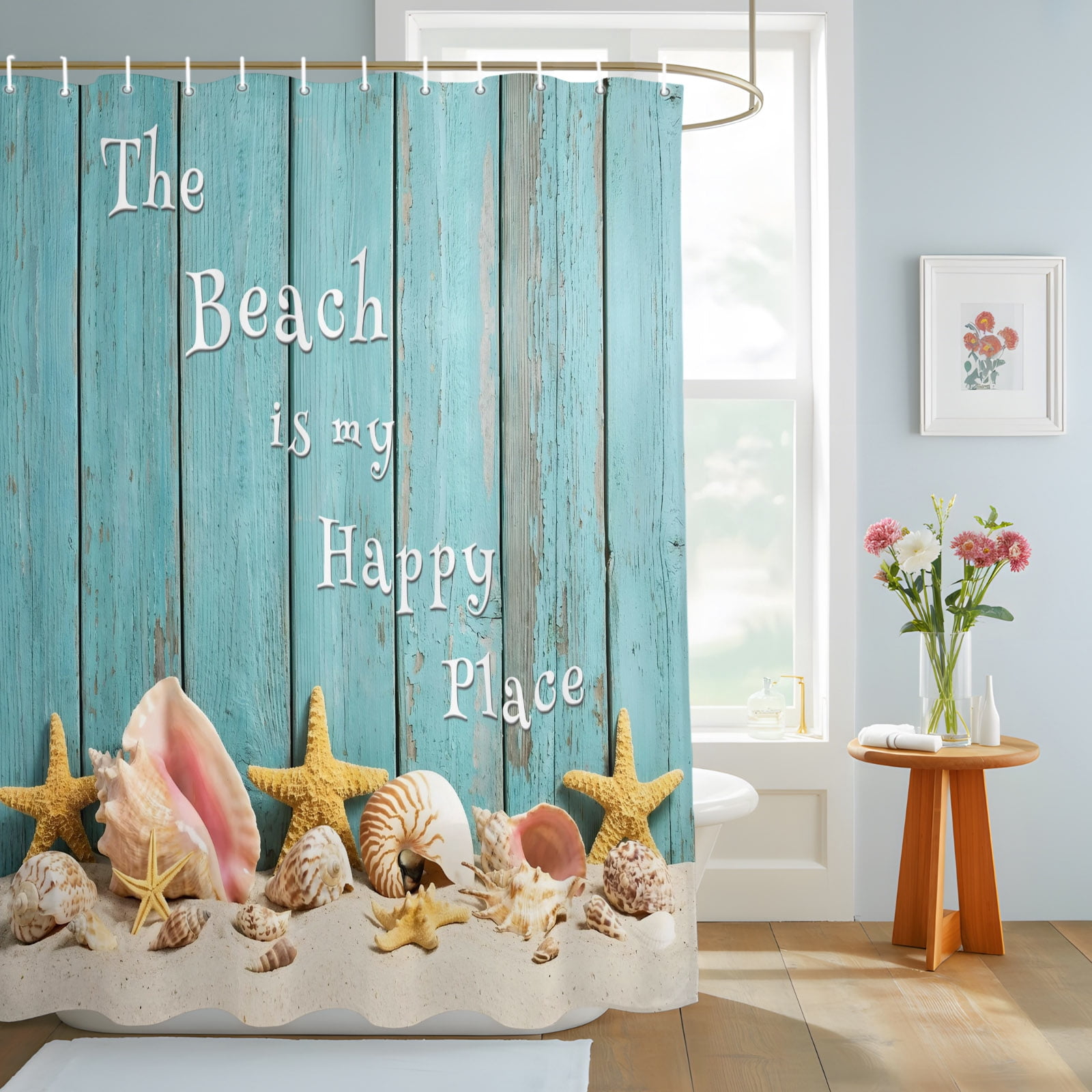 Bathroom Shower Curtain Ocean Coastal Seashell Starfish Waterproof ...