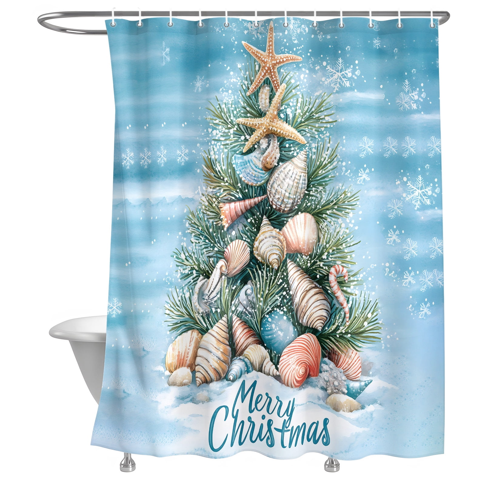 Bathroom Shower Curtain Ocean Conch Starfish Christmas Tree Waterproof ...