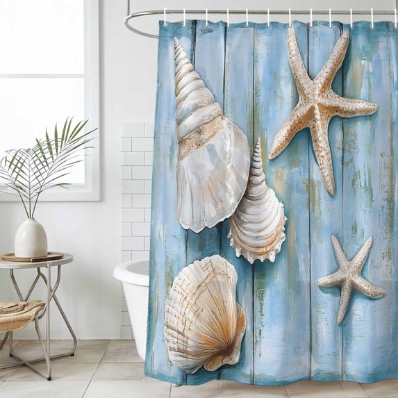 Bathroom Shower Curtain Ocean Coral Starfish on Blue Wood Grain ...