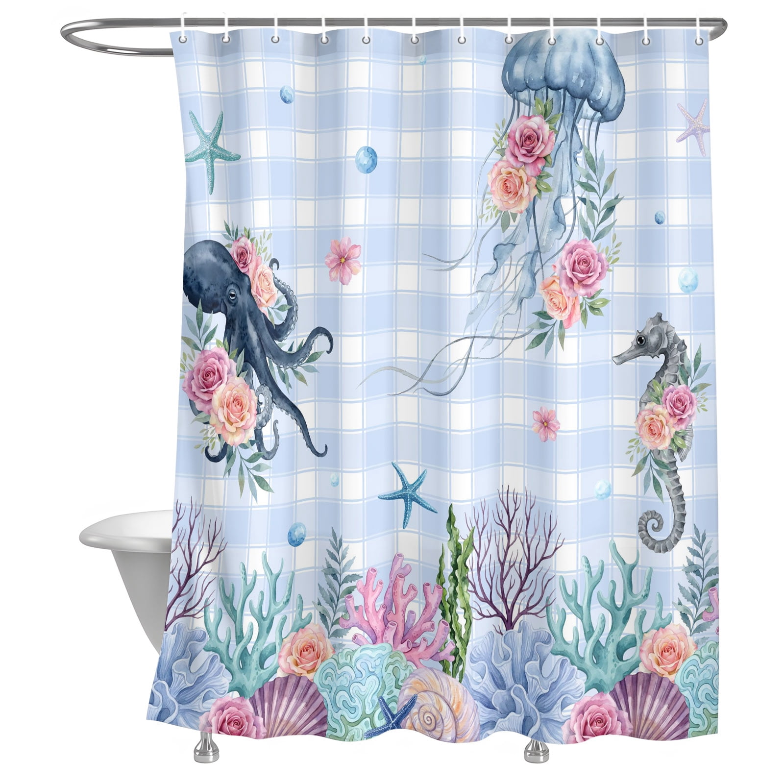 Bathroom Shower Curtain Ocean Jellyfish Seahorse Octopus Waterproof ...