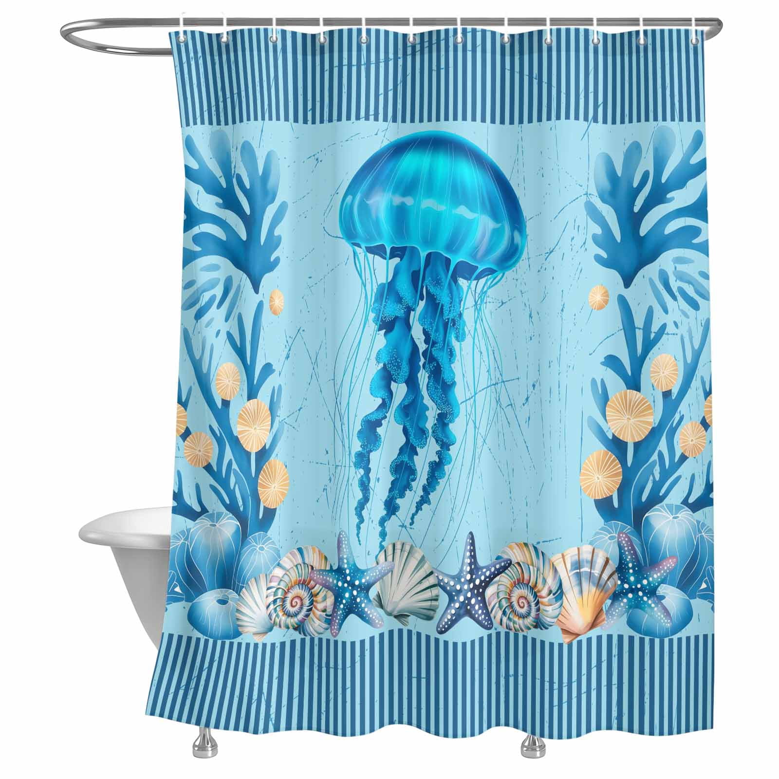 Bathroom Shower Curtain Ocean Jellyfish Starfish Coral Waterproof ...