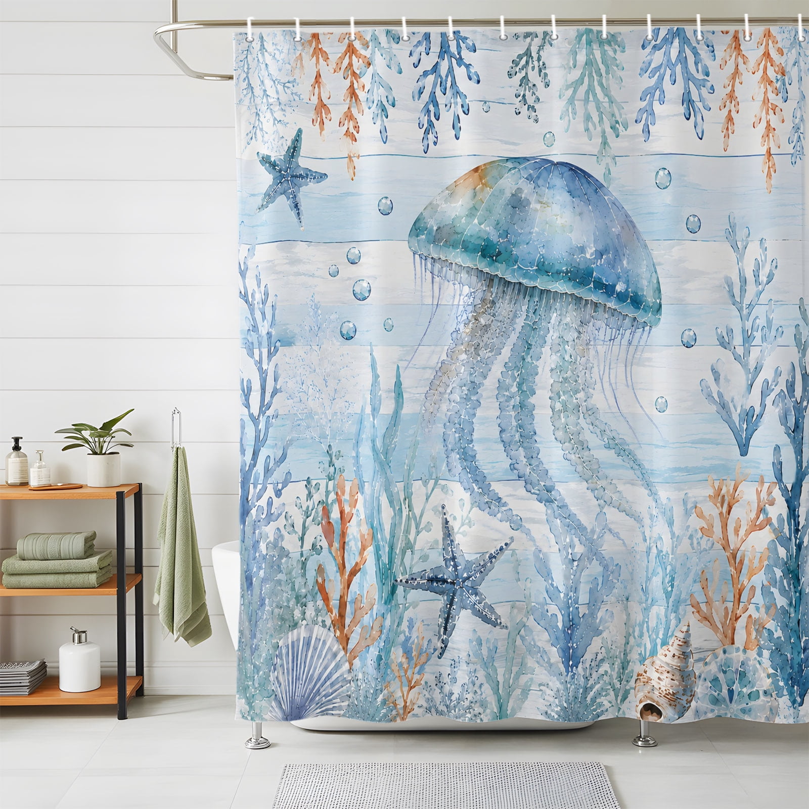 Bathroom Shower Curtain Ocean Jellyfish Starfish Seashells Waterproof ...