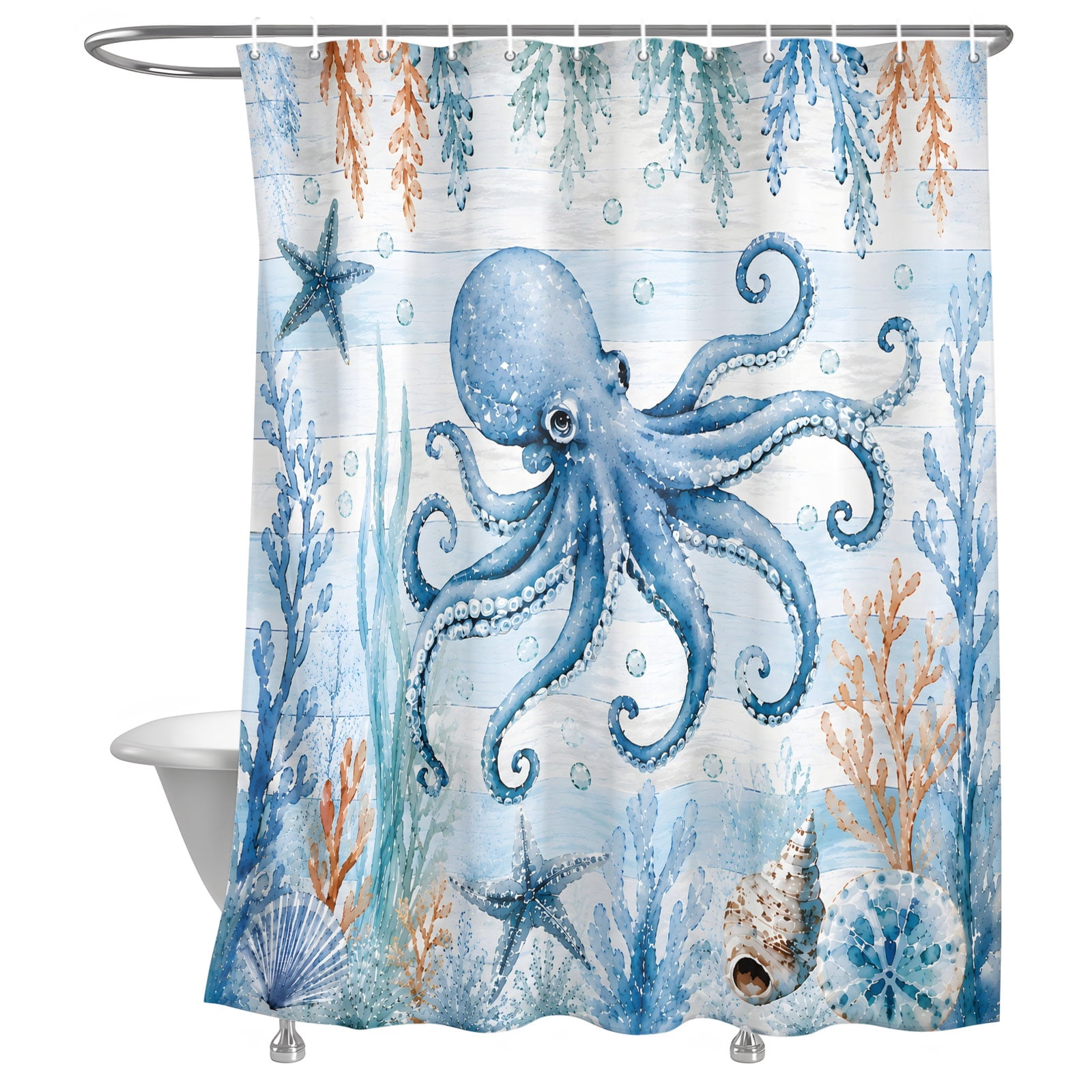 Bathroom Shower Curtain Ocean Octopus Coral Starfish Waterproof Shower ...