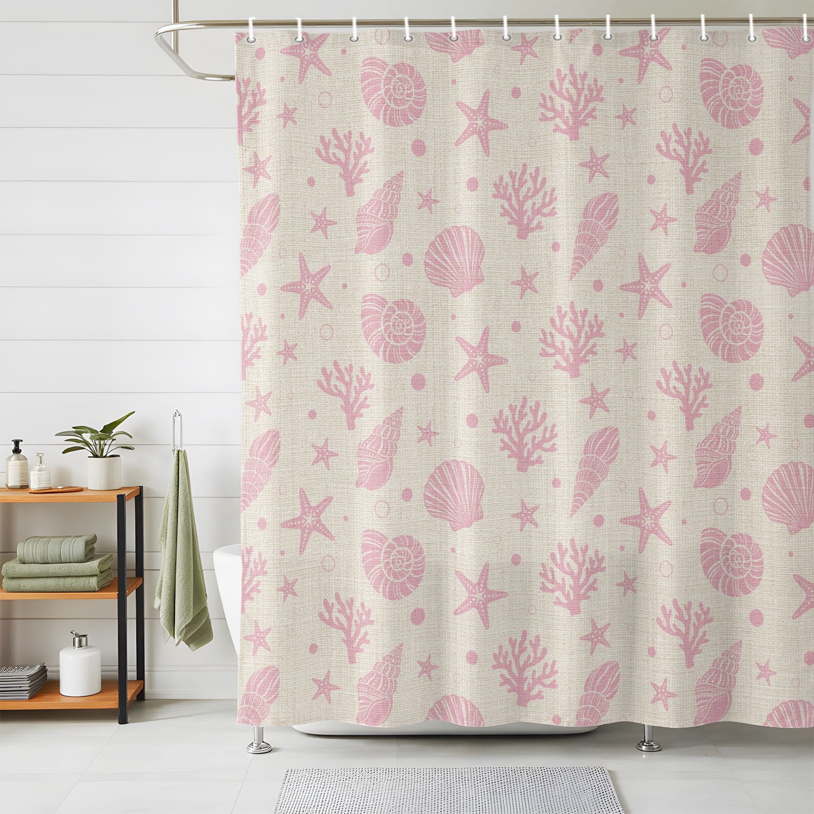 Bathroom Shower Curtain Ocean Pink Shell Coral Conch Waterproof Shower ...