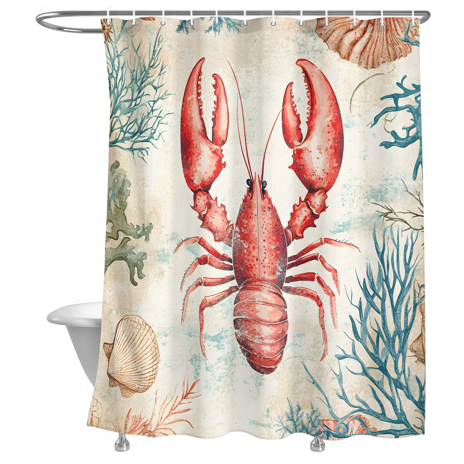 Bathroom Shower Curtain Ocean Red Lobster Shell Coral on Retro ...