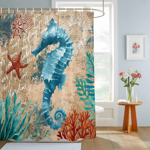 Bathroom Shower Curtain Ocean Seahorse Starfish Coral Waterproof Shower ...