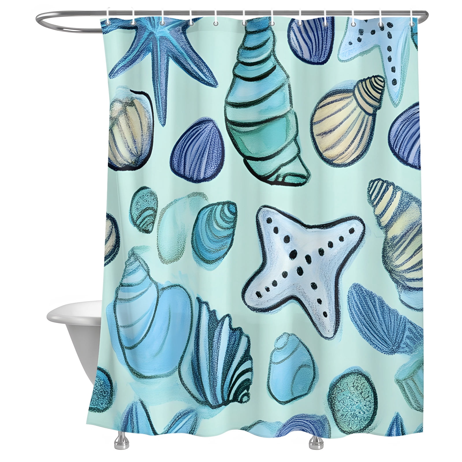 Bathroom Shower Curtain Ocean Shell Conch Cartoon Style Waterproof ...