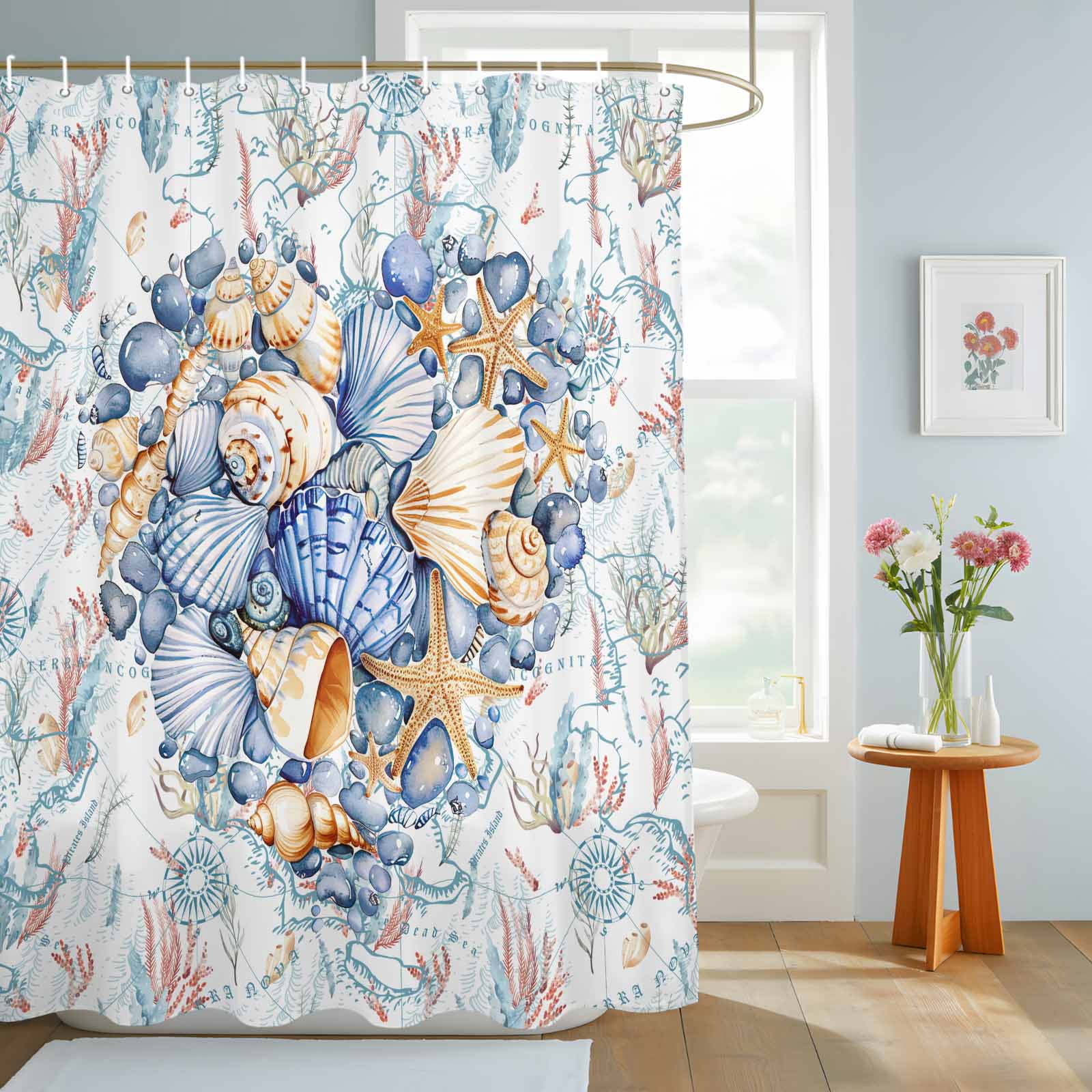 Bathroom Shower Curtain Ocean Shell Conch Starfish Stone Waterproof ...