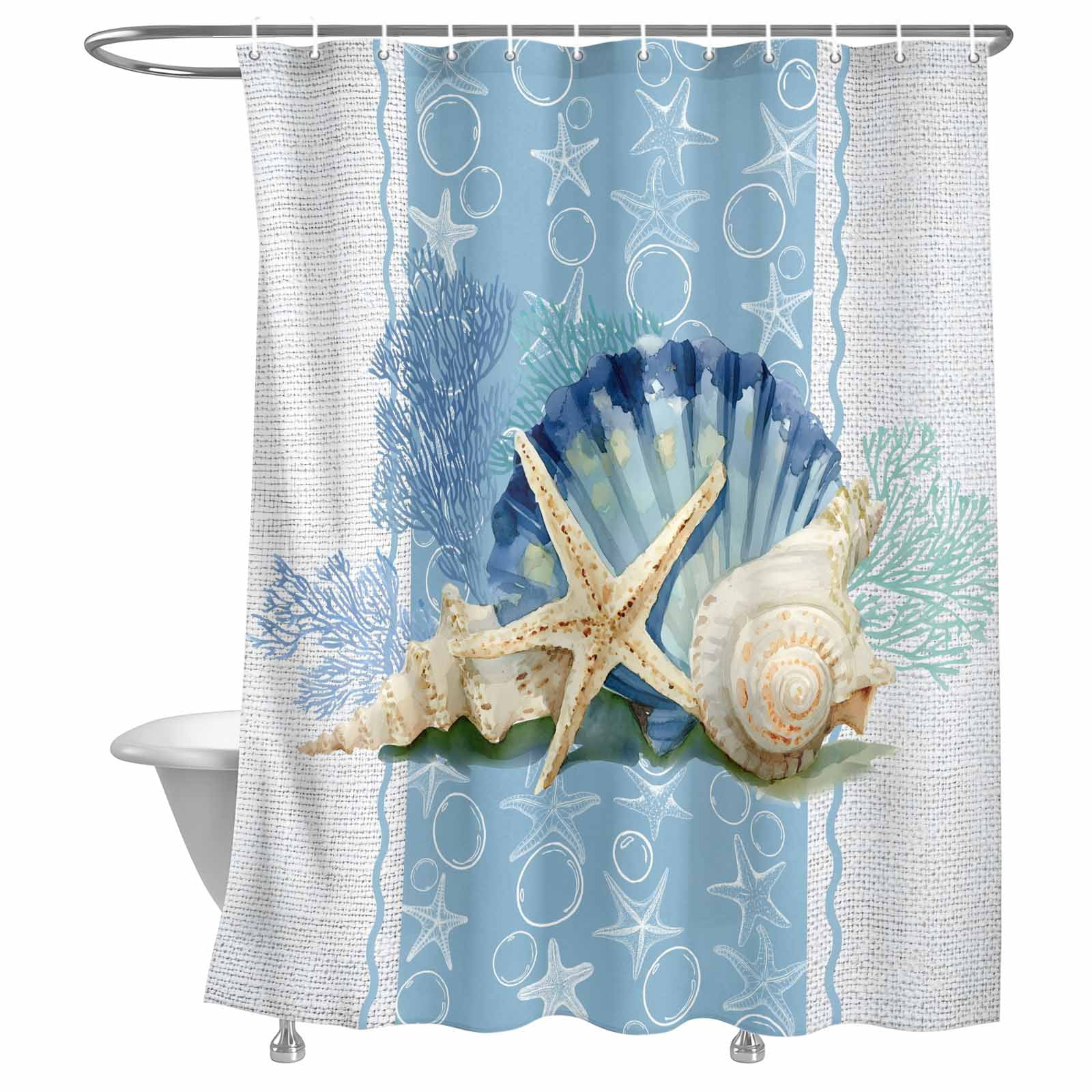 Bathroom Shower Curtain Ocean Starfish Conch Shell Coral Waterproof ...