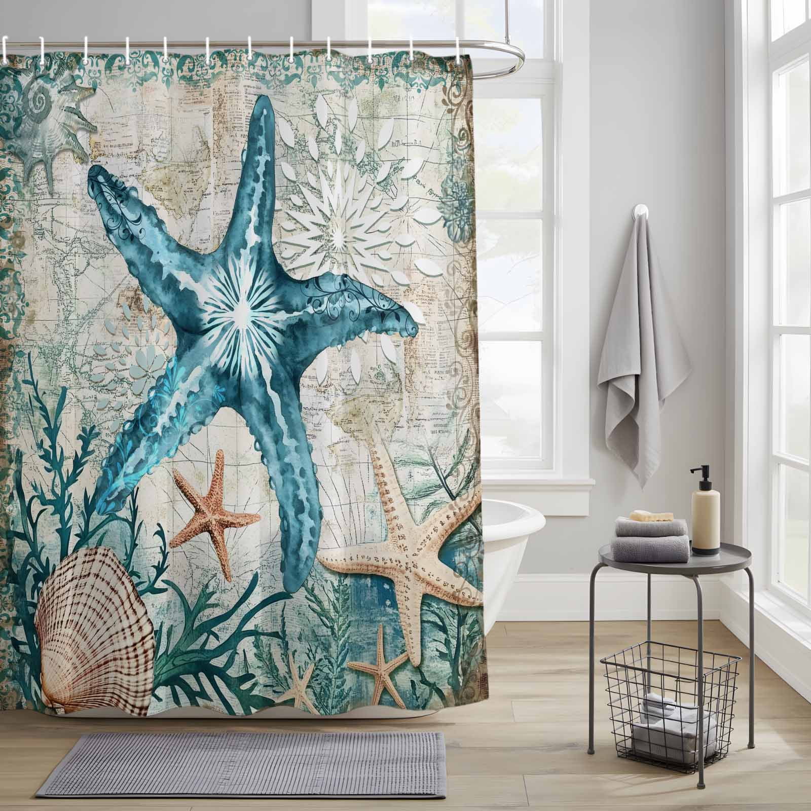 Bathroom Shower Curtain Ocean Starfish Coral Shells Waterproof Shower ...