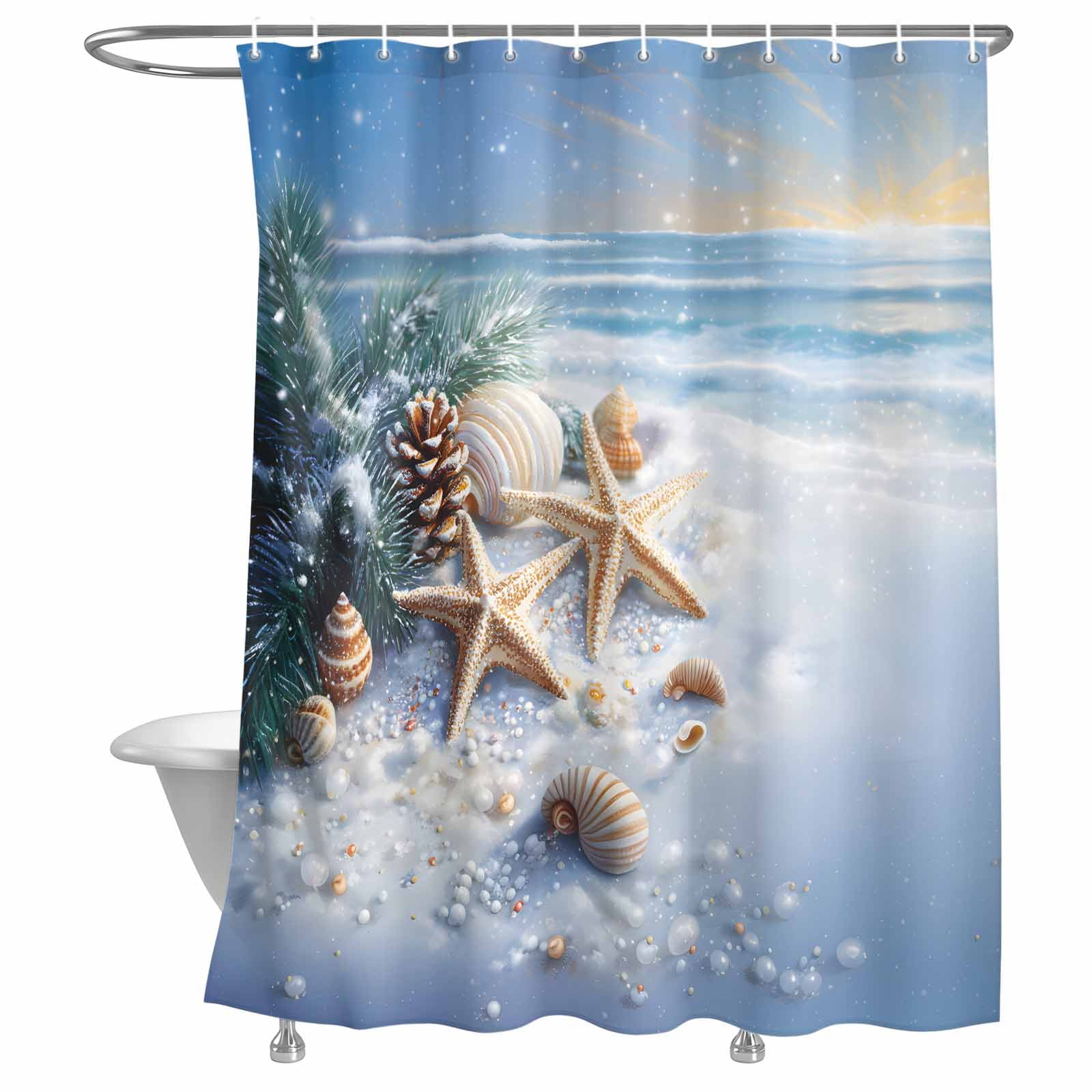 Bathroom Shower Curtain Ocean Starfish Shell Christmas Pine Cone ...